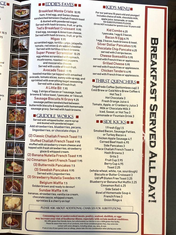 Menu at Eddie's Diner restaurant, Plano