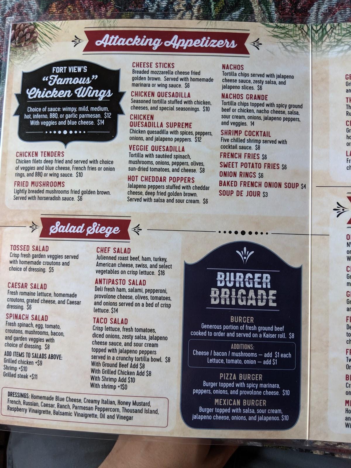 Menu at Fort View Inn restaurant, Ticonderoga