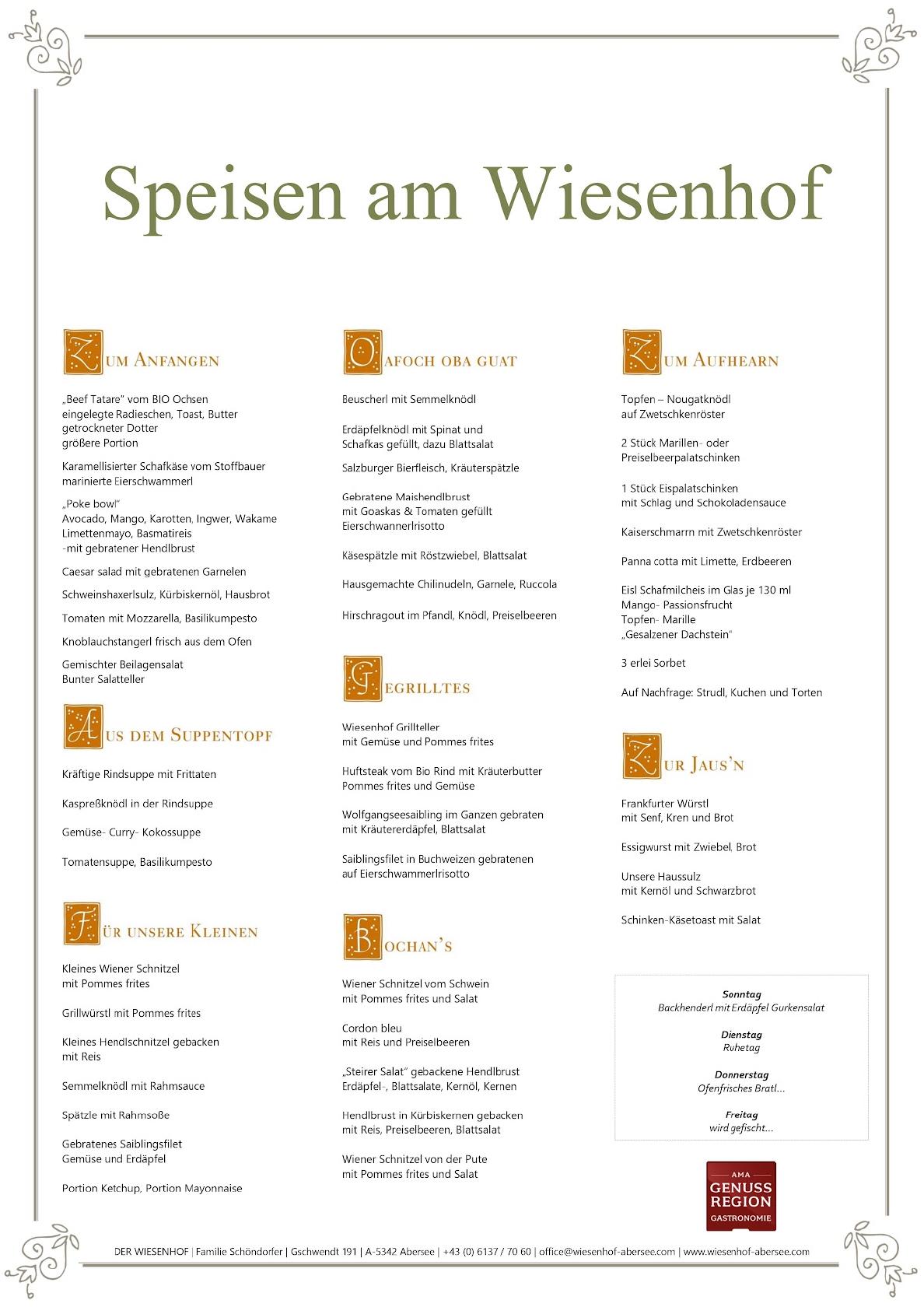 Speisekarte von Gasthof Wiesenhof restaurant, Abersee