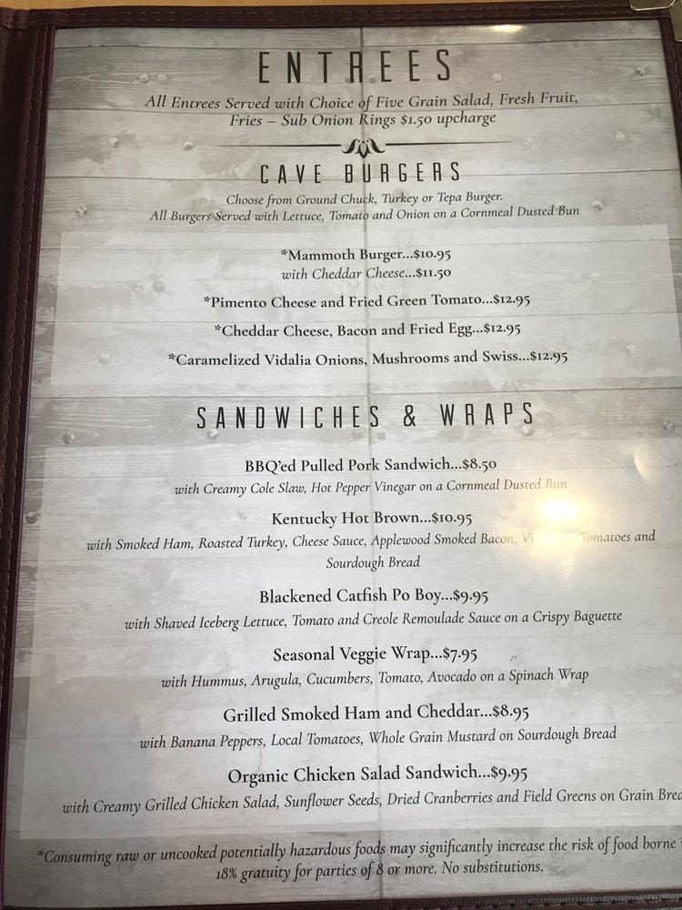 Menu at Green River Grill restaurant, Mammoth Cave, 171 Hotel Road