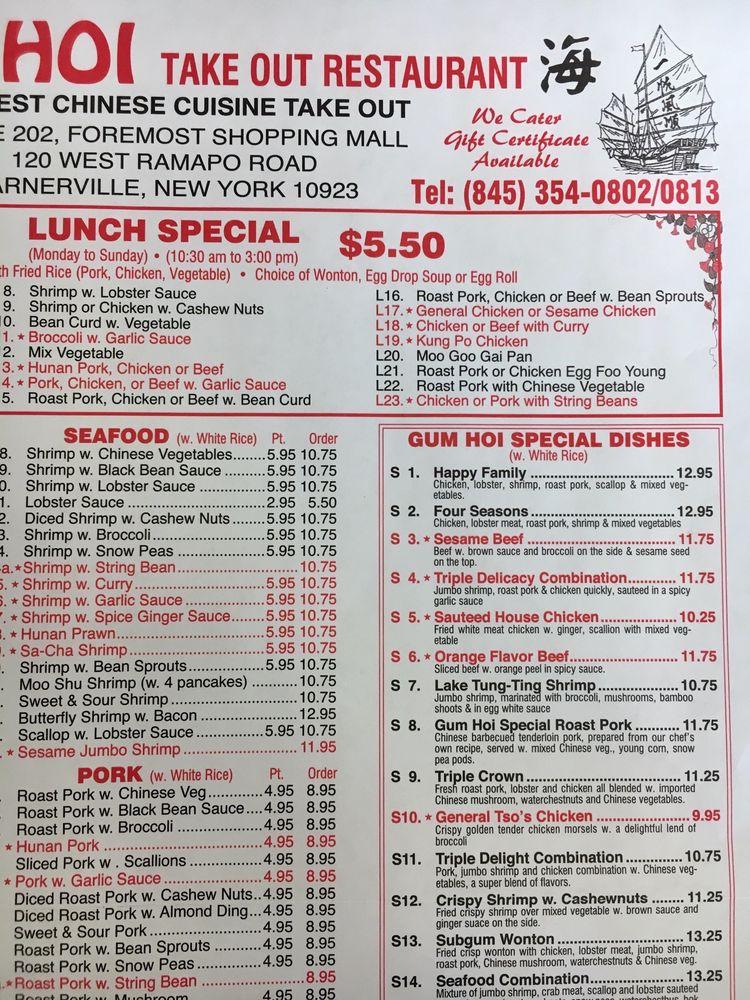 Menu at Gum Hoi restaurant, Mount Ivy