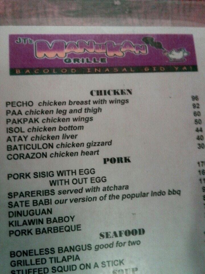 Menu at JT's Manukan Grille restaurant, Quezon City, 4 Granada