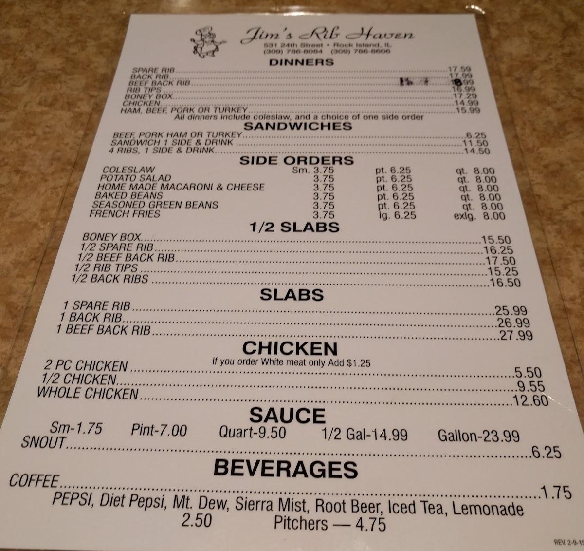 Menu at Jim's Rib Haven BBQ, Rock Island