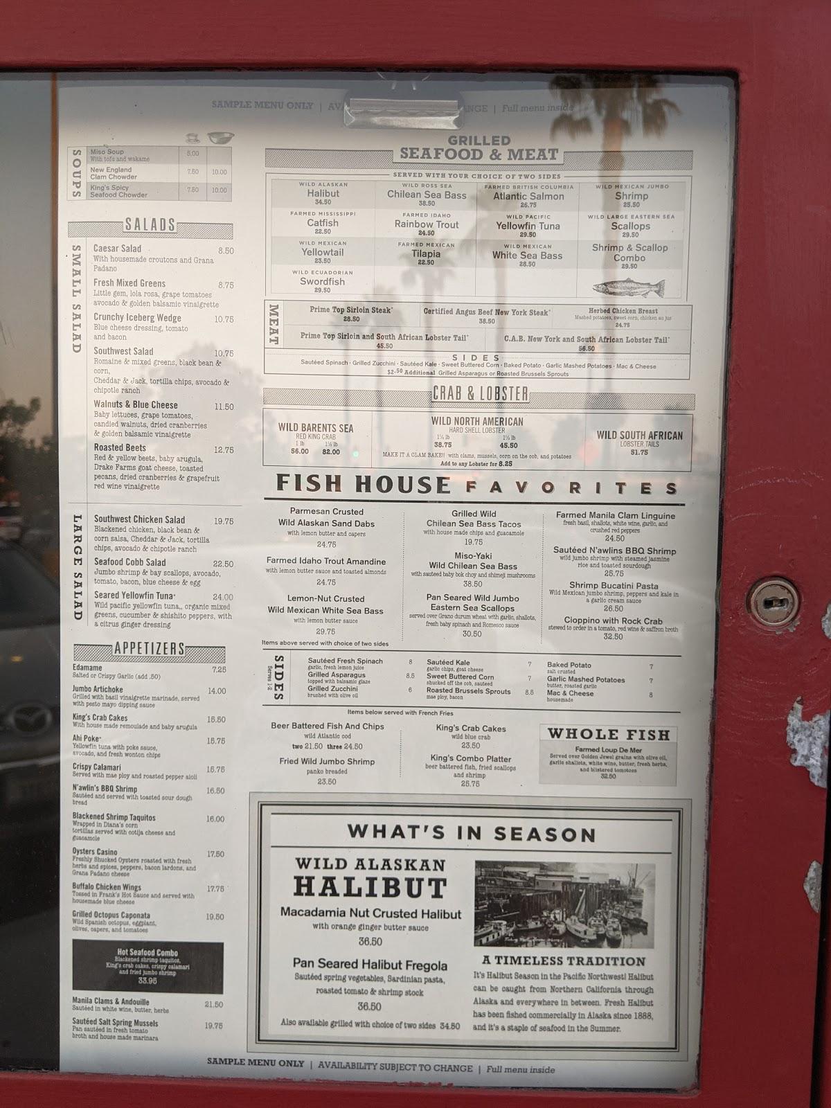 Menu at King's Fish House restaurant, Laguna Hills