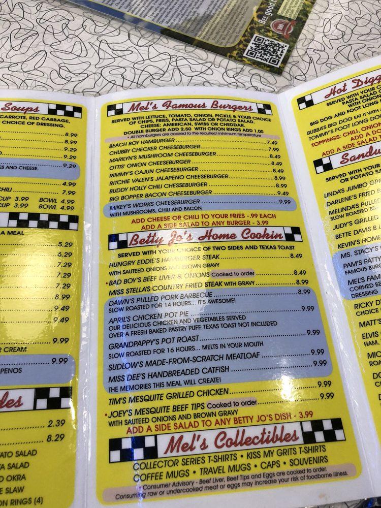 Menu at Mel's Classic Diner restaurant, Pigeon Forge