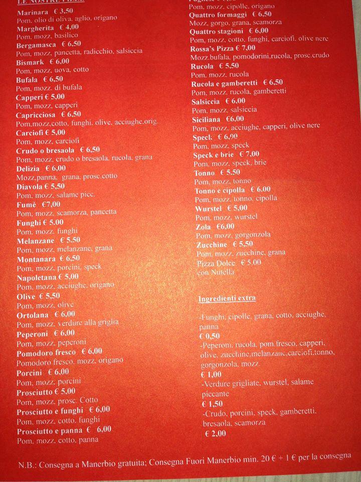 Menu da Rossa kebab pizza pizzeria, Manerbio