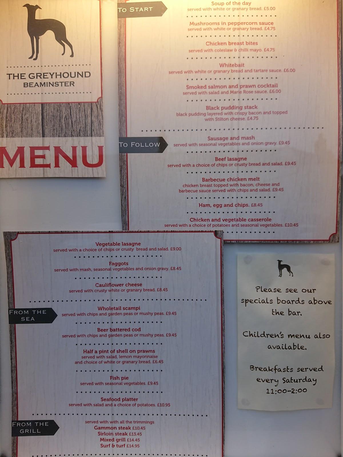 Menu at The Greyhound Inn pub & bar, Beaminster