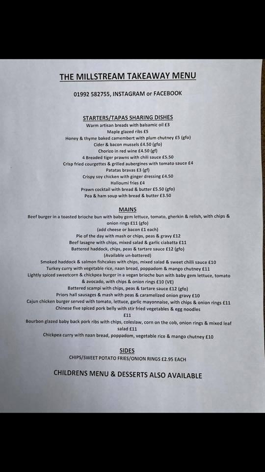 Menu at The Millstream pub & bar, Hertford