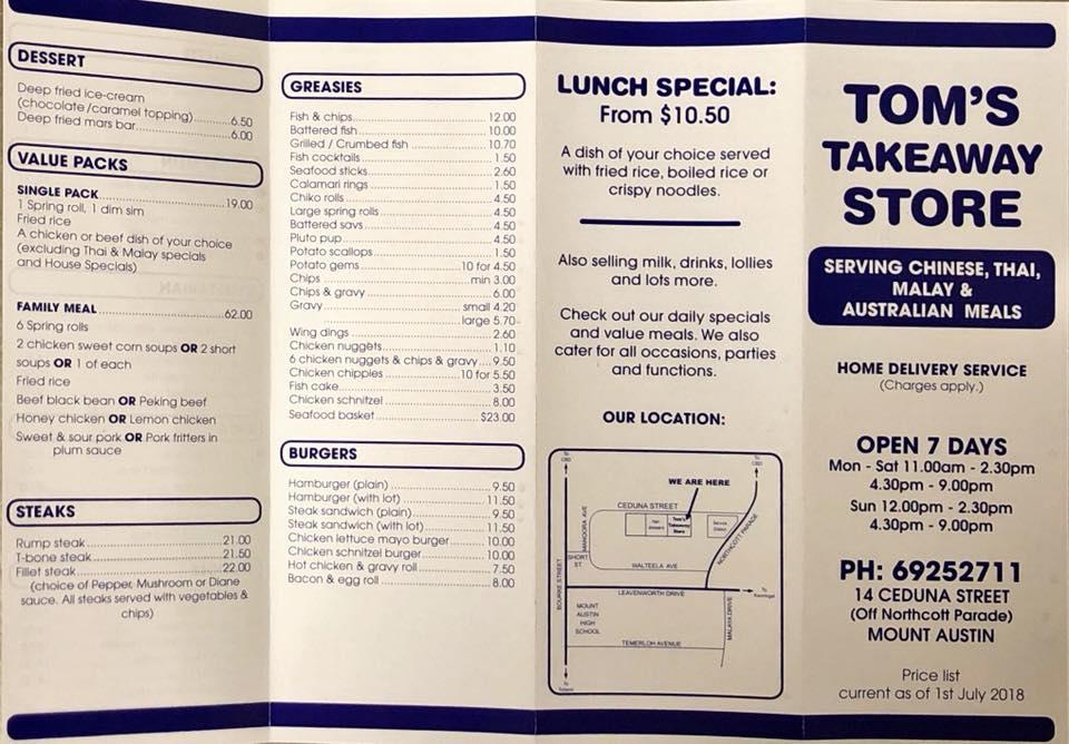 Menu at Toms Takeaway Store restaurant, Mount Austin