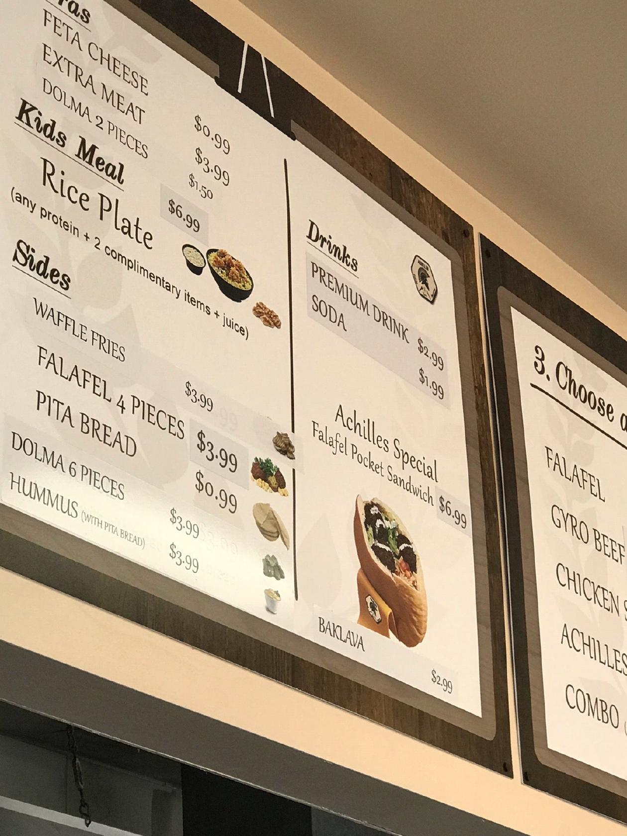 Menu at Achilles restaurant, Santa Clara