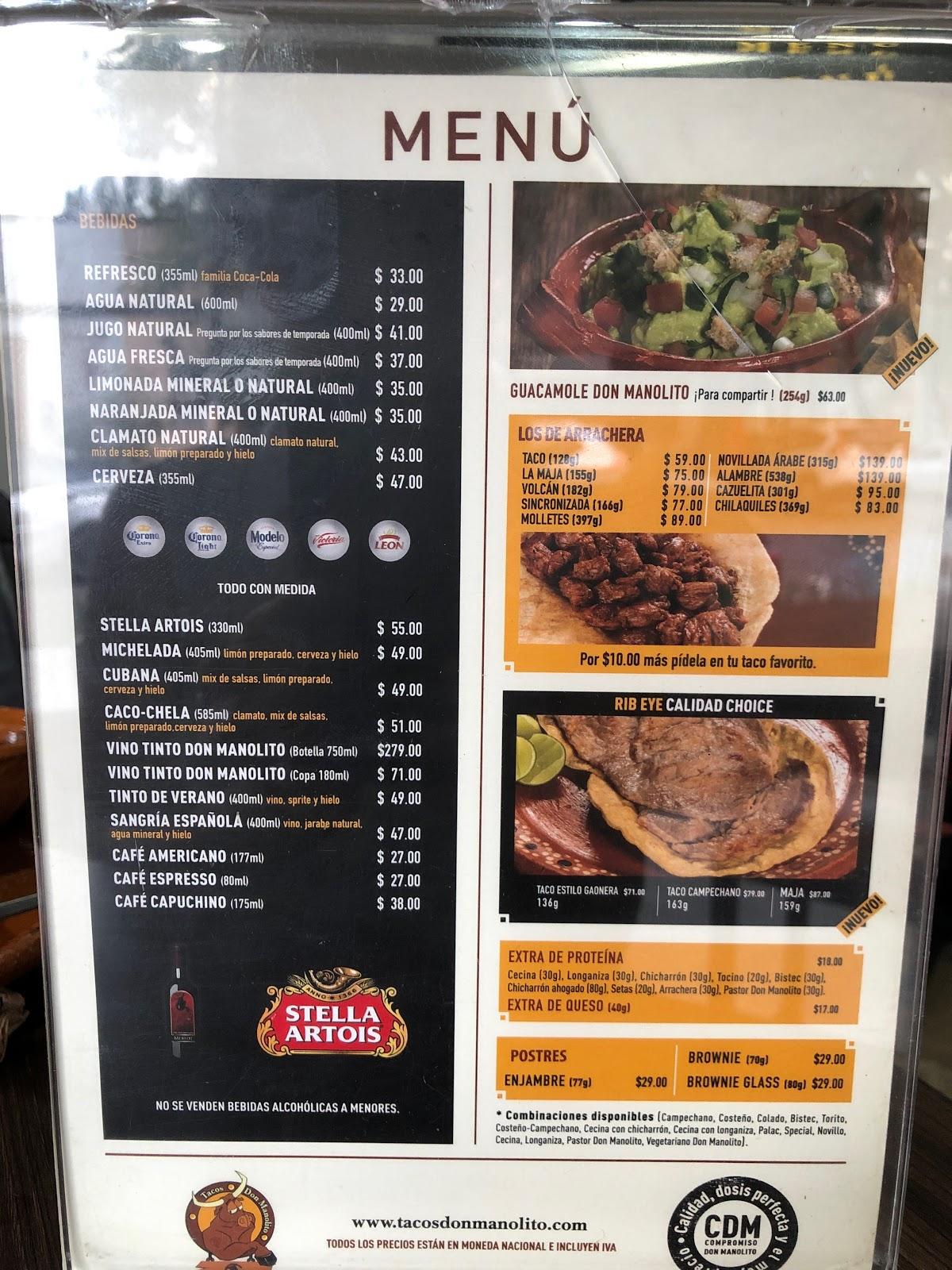 Carta del restaurante Tacos Don Manolito, Ciudad del México, Aguayo 49