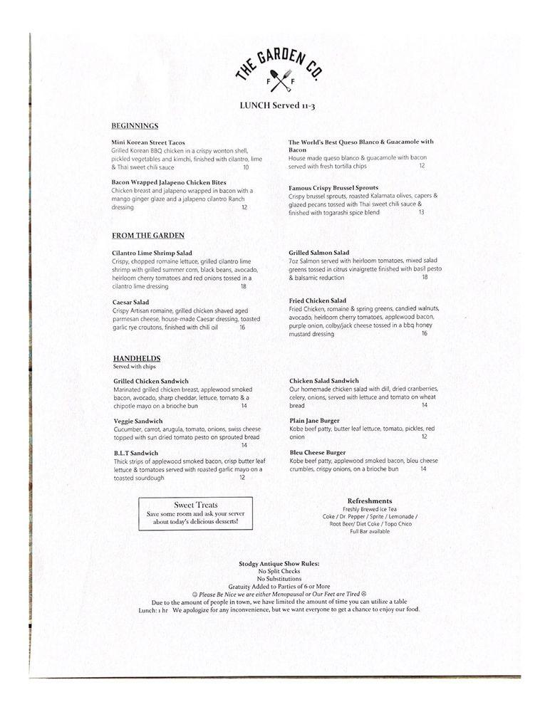 Menu at The Garden Company in Round Top cafe, Round Top