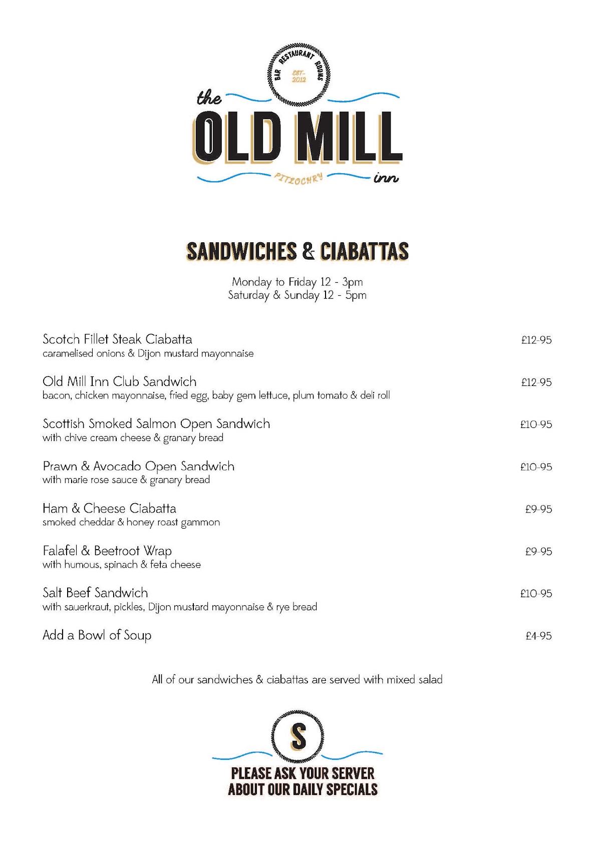 Menu at The Old Mill Inn restaurant, Pitlochry