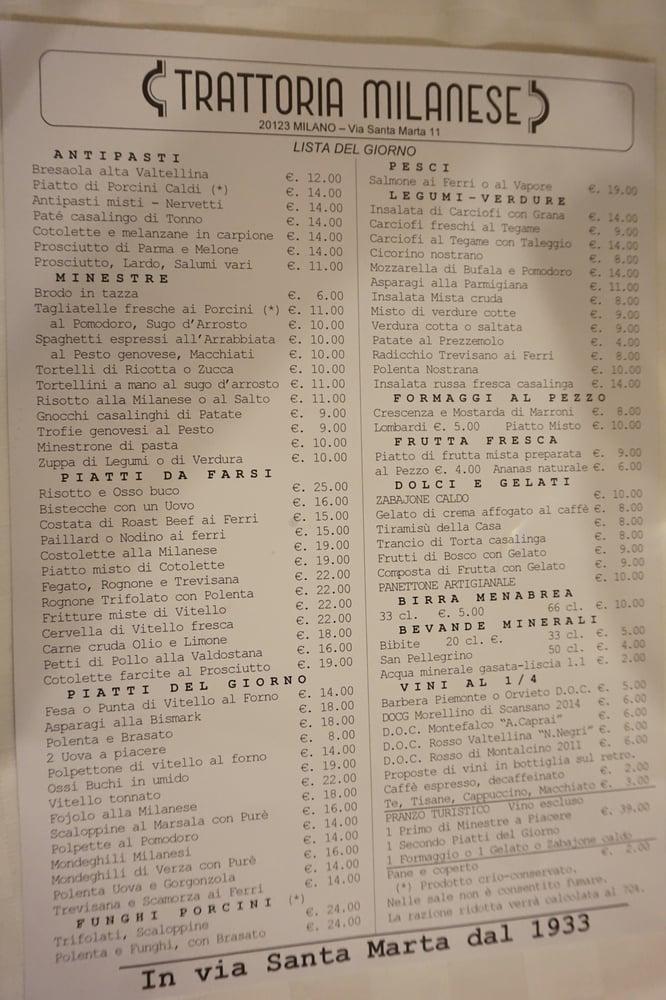 Menu at Trattoria Milanese cafe, Milan, Via Santa Marta
