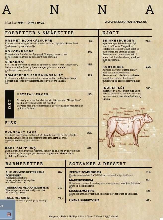 Menu at ANNA restaurant, Stranda