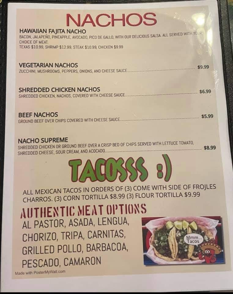 Menu at Antojitos Latinos restaurant, Glennville