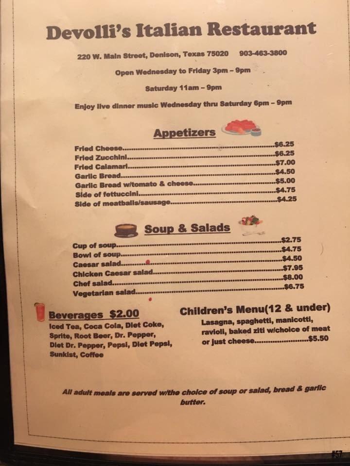 Menu at Devolli's Italian Restaurant, Denison