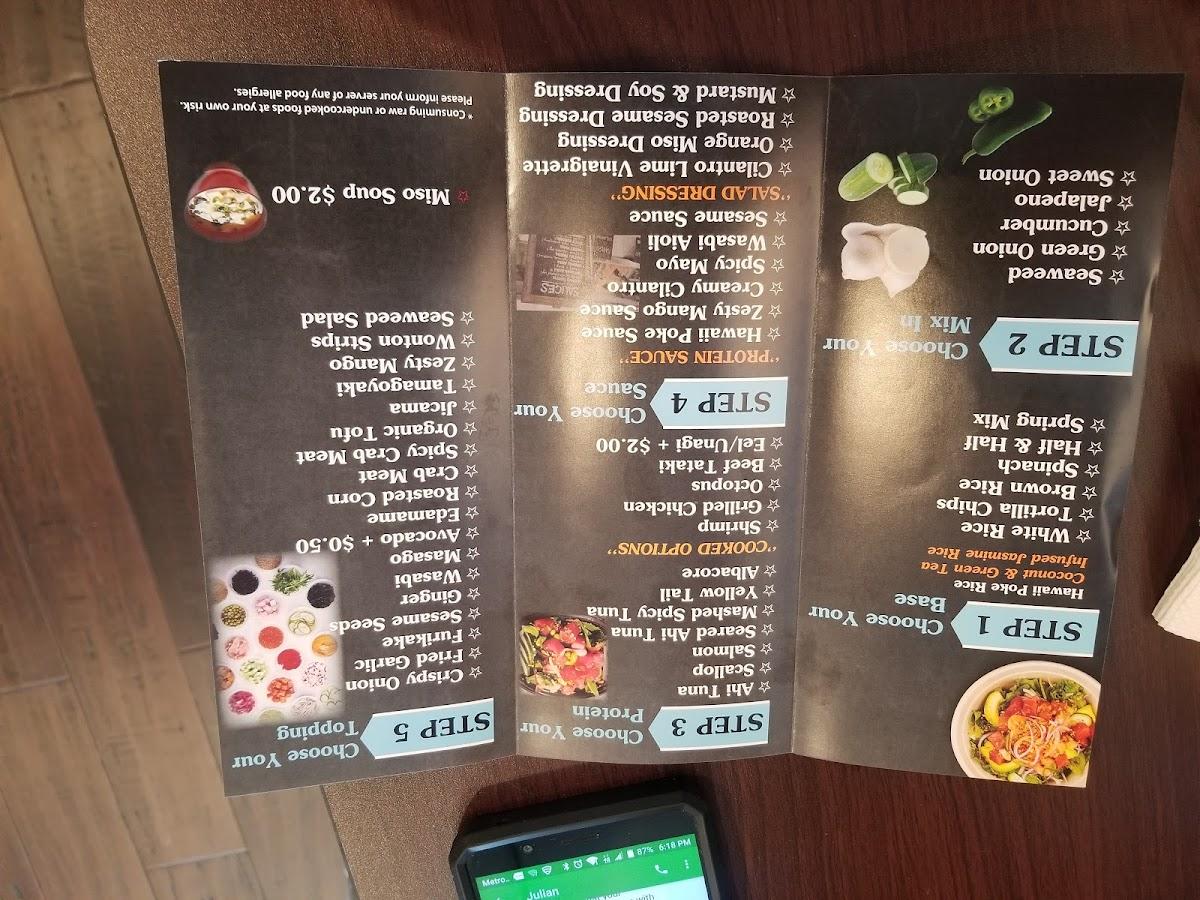 Menu at Hawaii poke restaurant, Corpus Christi