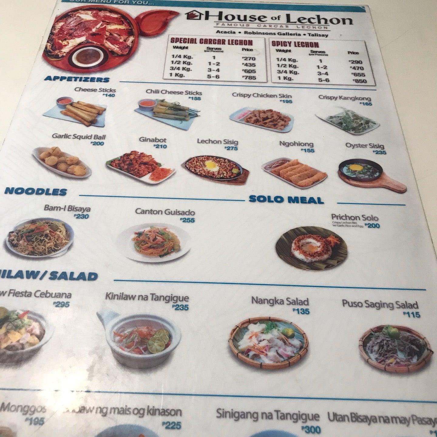 Menu at House of Lechon restaurant, Cebu City, Acacia St