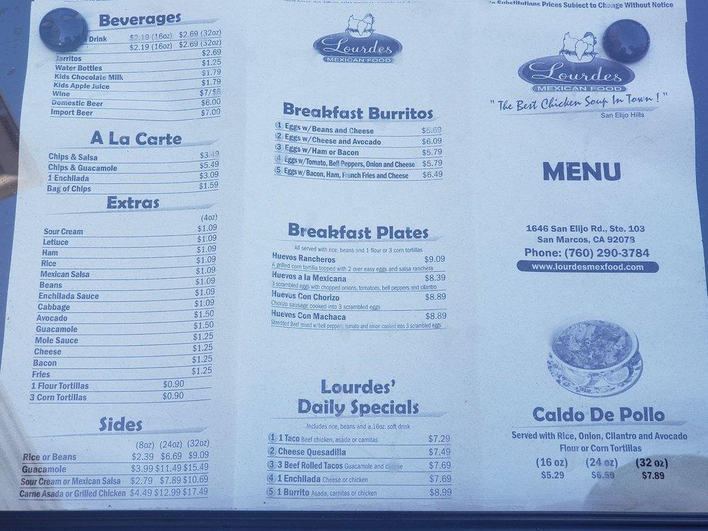 Menu at Lourdes Mexican Food restaurant, San Marcos