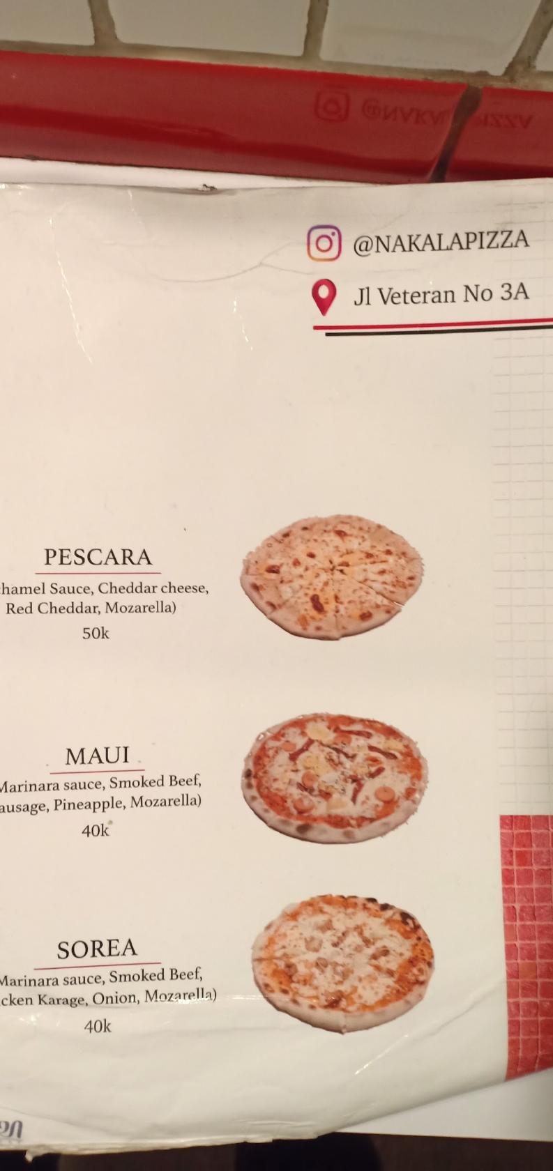 Menu at Nakala Pizza restaurant, Semarang