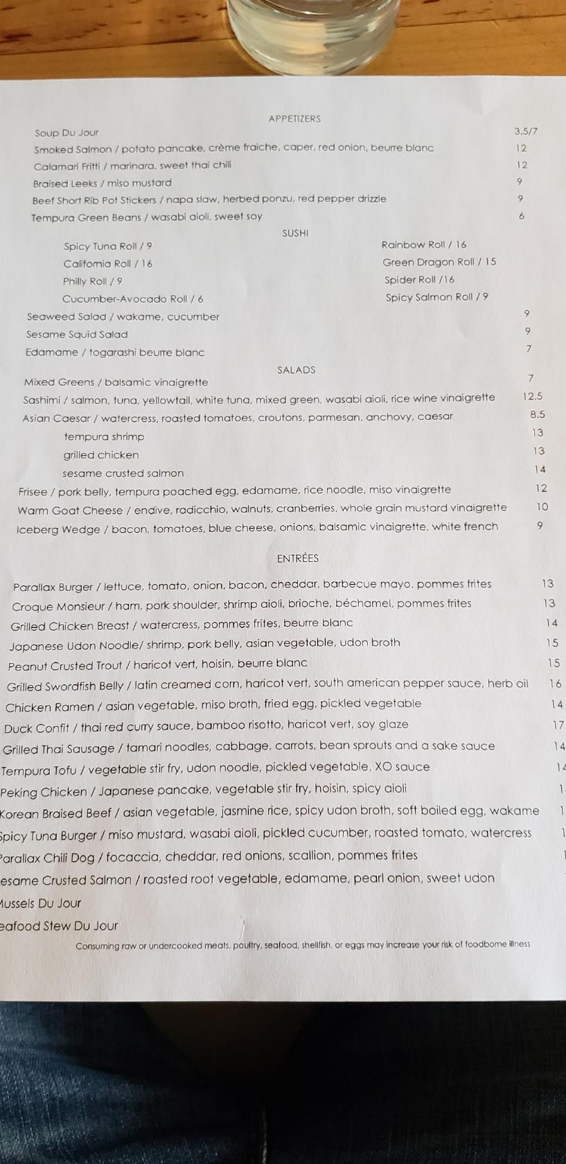 Menu at Parallax restaurant, Cleveland