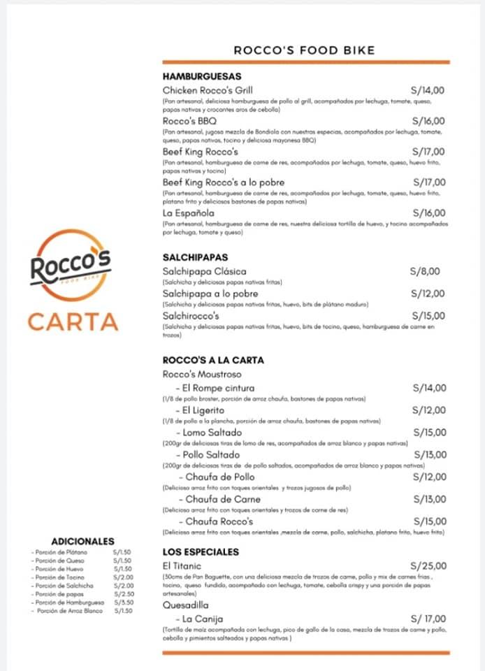 Menu at Roccos Food Bike restaurant, La Perla District
