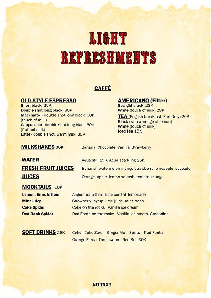 Menu at Spaghetti Western Saloon pub & bar, Denpasar