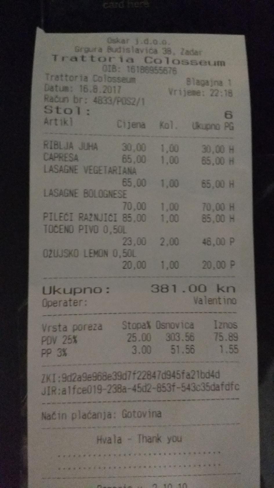 Menu at Trattoria Colosseum restaurant, Zadar