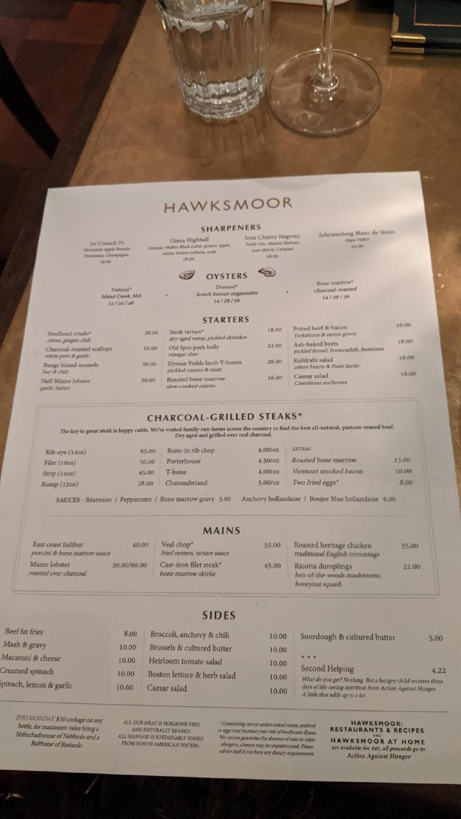 Menu at Hawksmoor NYC steakhouse, New York City