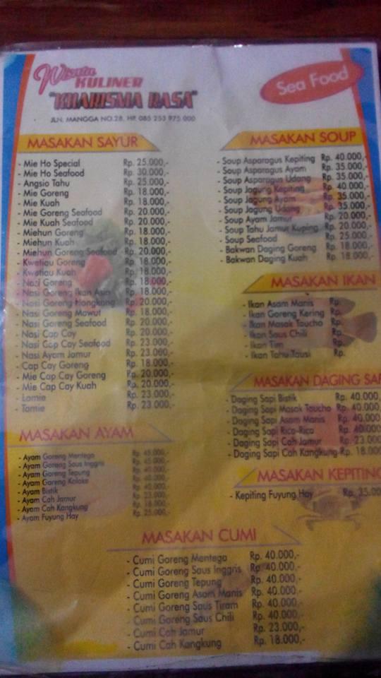 Menu at Kharisma Rasa restaurant, Sumbawa Besar