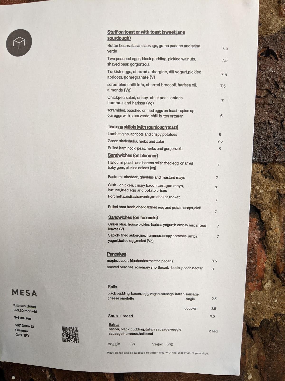 Menu at Mesa cafe, Glasgow