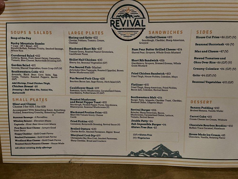 Menu at Revival Denver Public House, Denver
