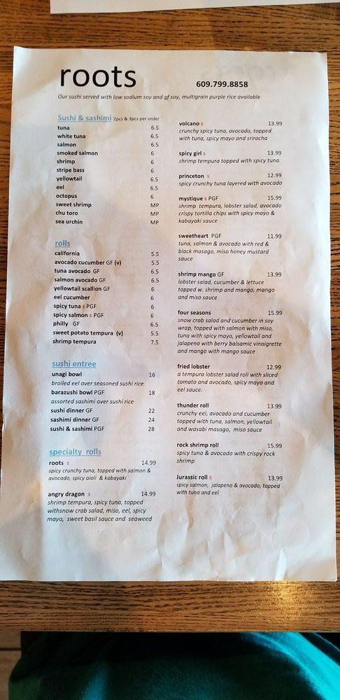 Menu at roots restaurant, Princeton