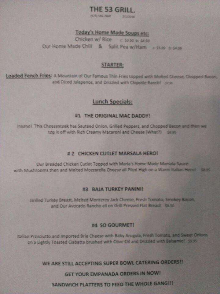Menu at The 53 Grill cafe, Denville