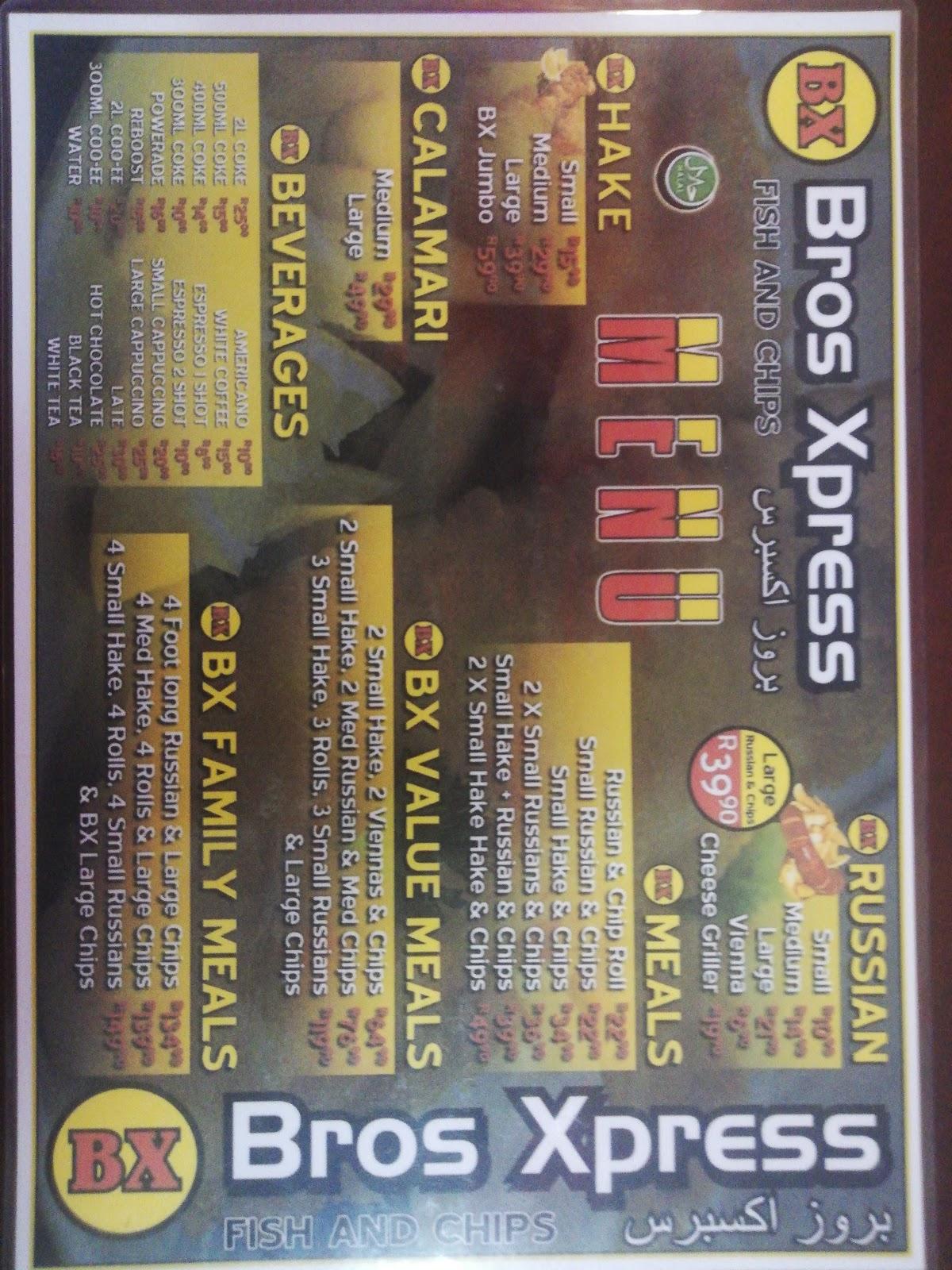 Menu at Bros Xpress restaurant, Matatiele, 113 High St