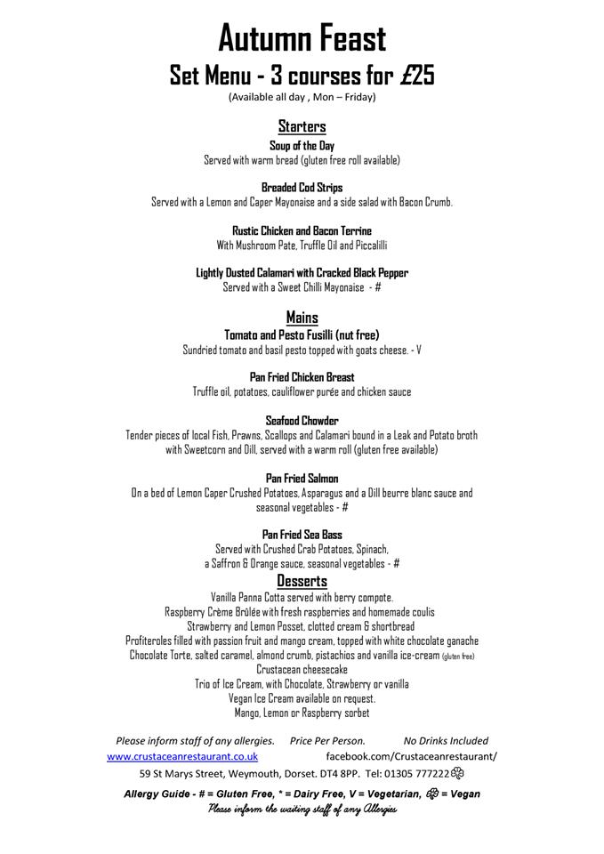 Menu at Crustacean restaurant, Weymouth