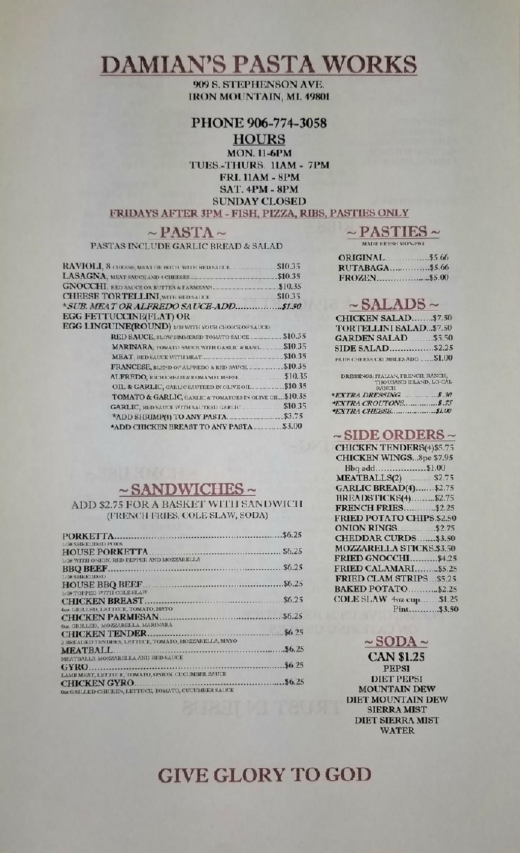 Menu at Damian's Pasta Works pizzeria, Iron Mountain
