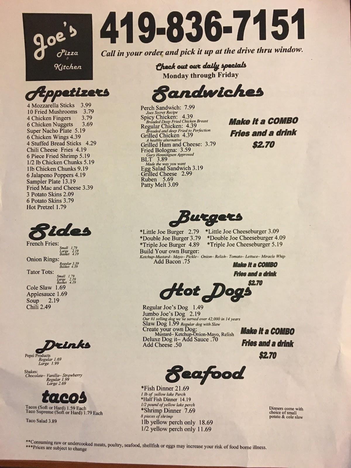 Menu at Joe's Pizza Kitchen (S&G) pizzeria, Oregon