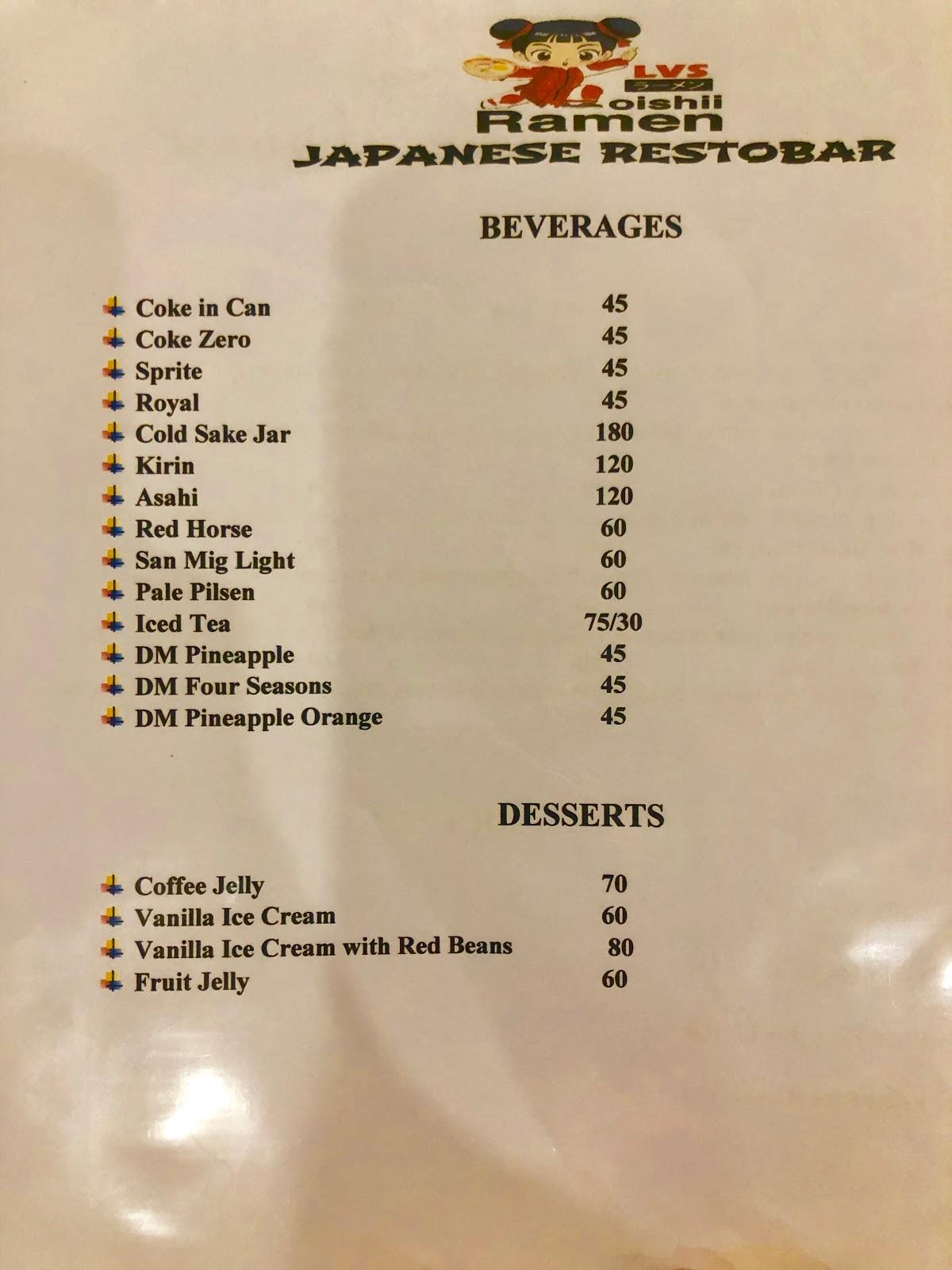 Menu at LVS Oishii Ramen Japanese Restobar, Bacolod