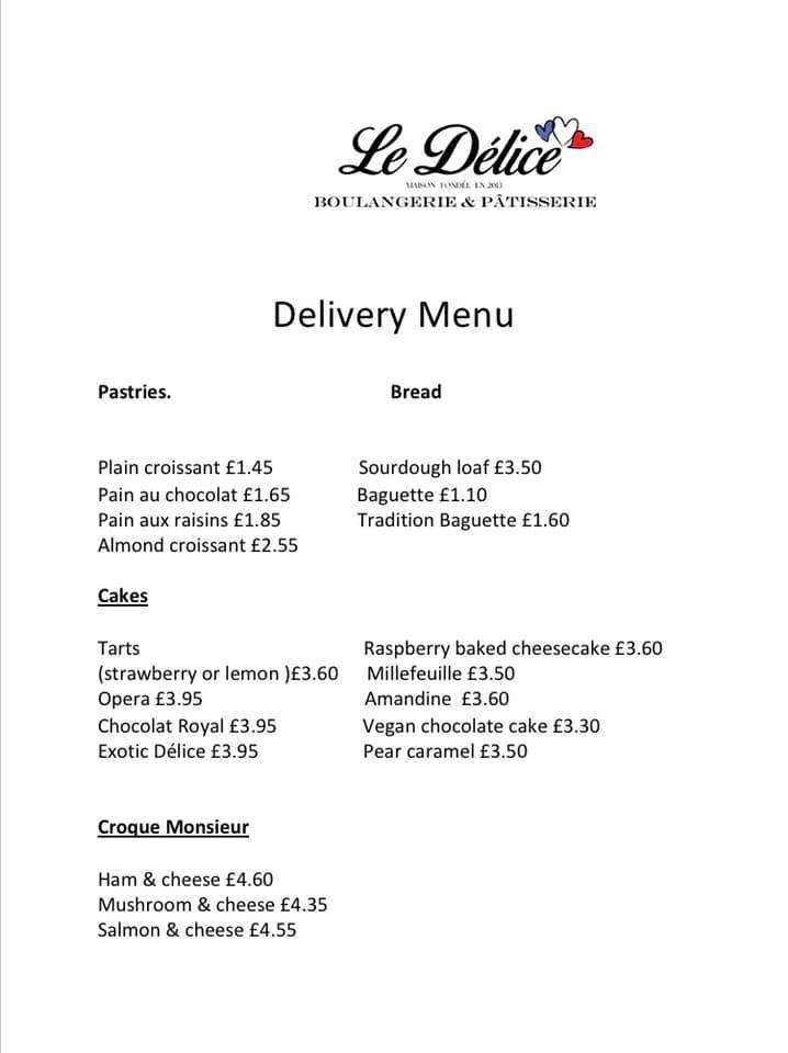 Menu at Le Delice cafe, London, 38 Ladywell Rd