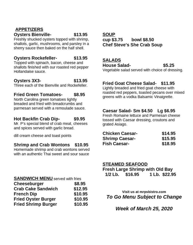 Menu at Mr. P's Bistro restaurant, Southport
