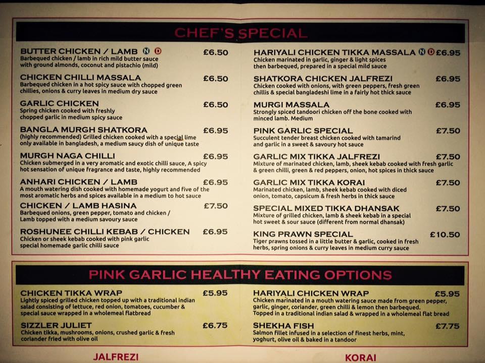 Menu at Pink Garlic fast food, Rayleigh