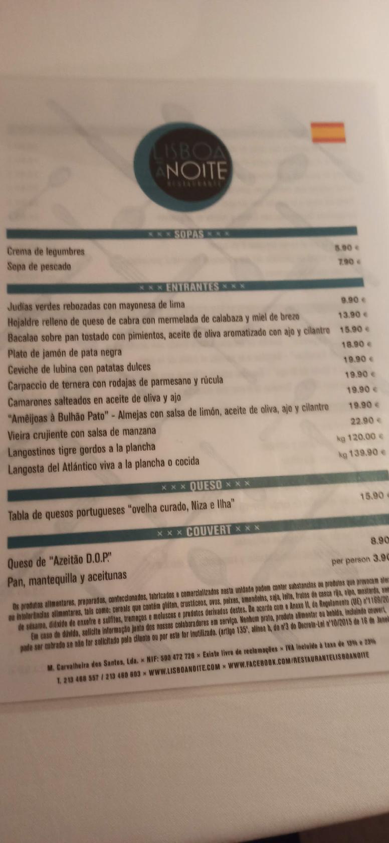 Menu em Lisboa à Noite pub & Bar, Lisboa