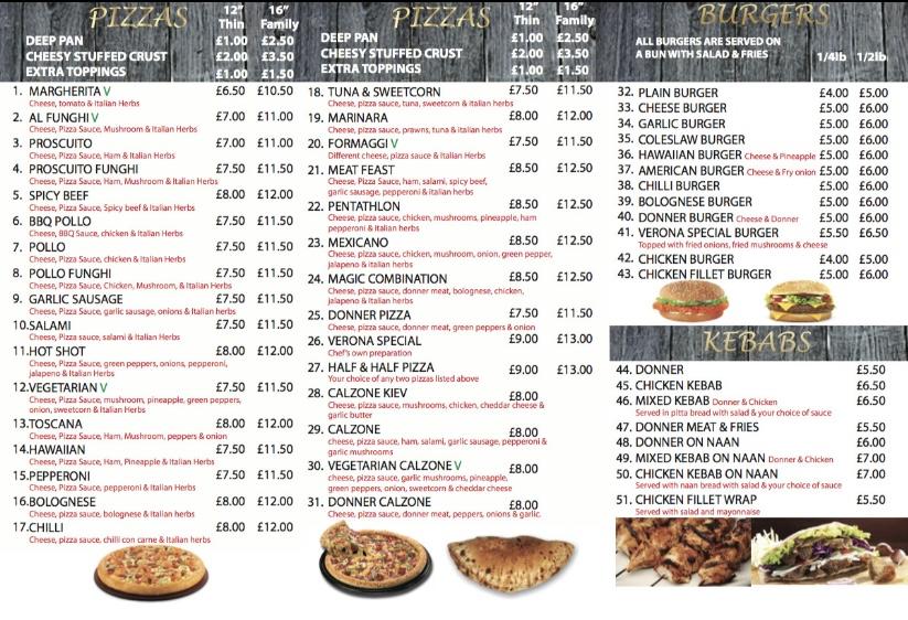 Menu at Verona Pizza pizzeria, Baildon