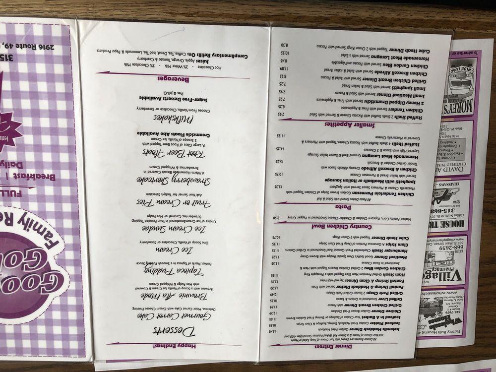 Menu at Good Golly's restaurant, Central Square