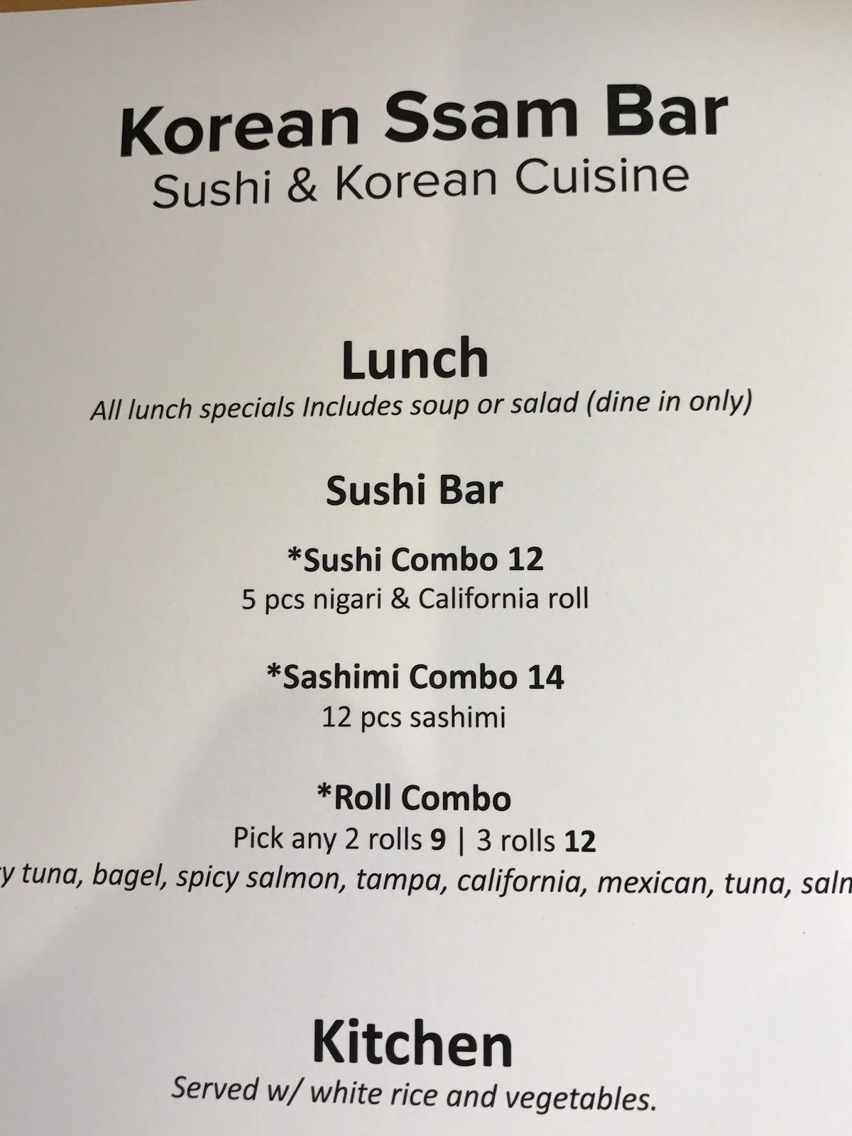 Menu at Korean Ssam Bar, Sarasota