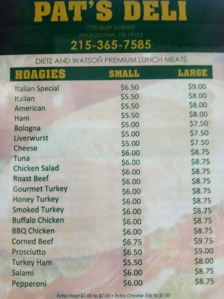 Carta de Pat's Deli, Filadelfia, Berbro St