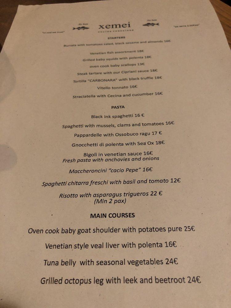Carta del restaurante Xemei, Barcelona