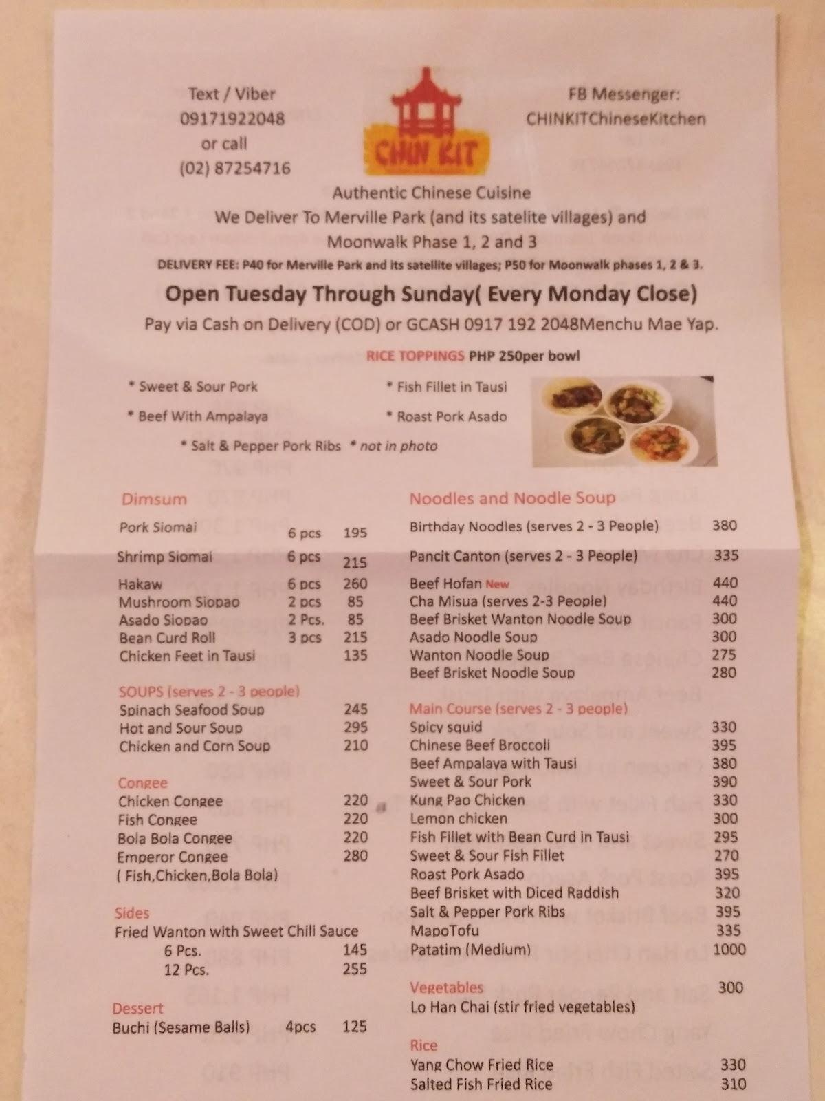 Carta del restaurante Chin Kit, Parañaque